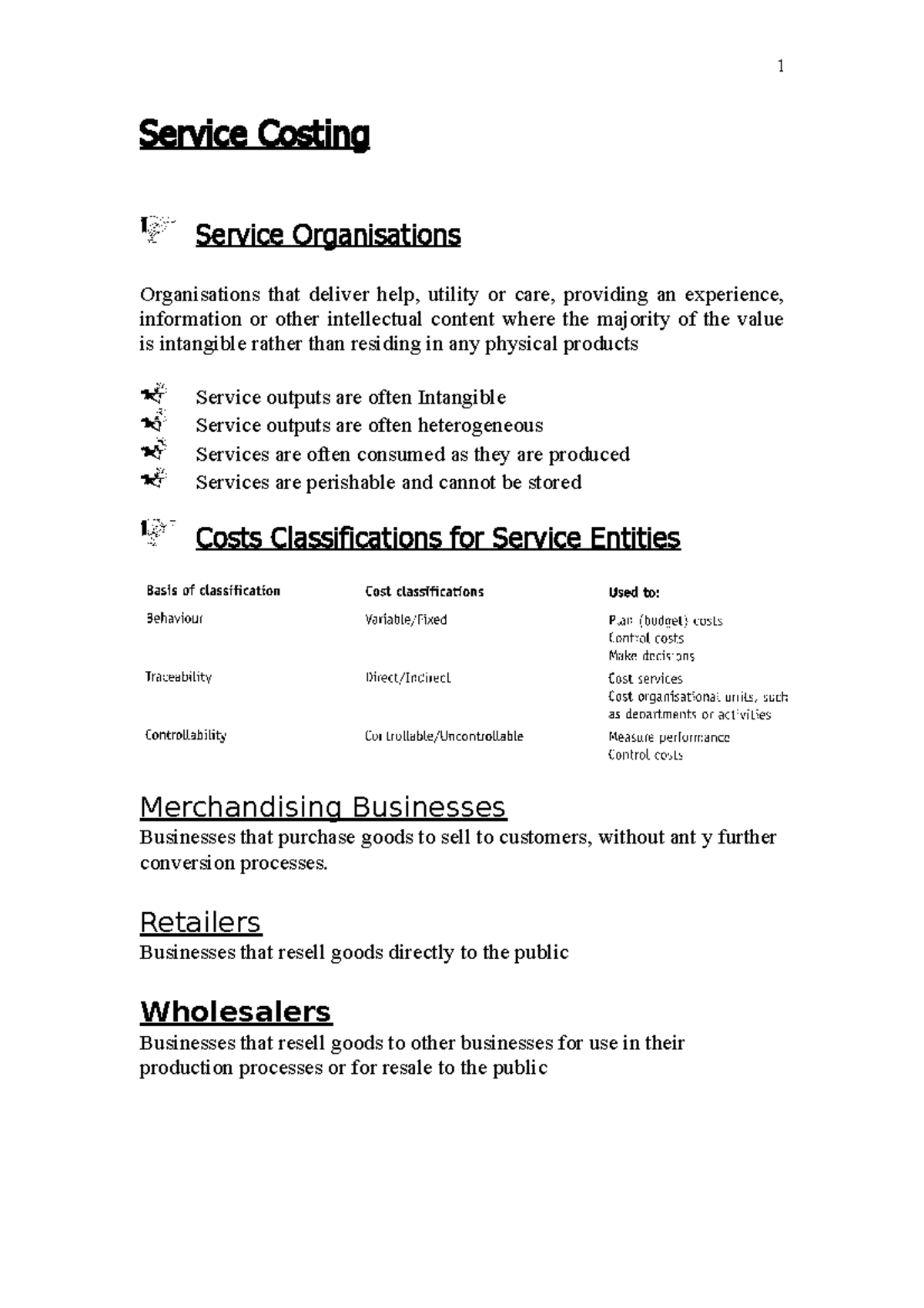 Service Costing - Notes - Service Costing Service Organisations ...