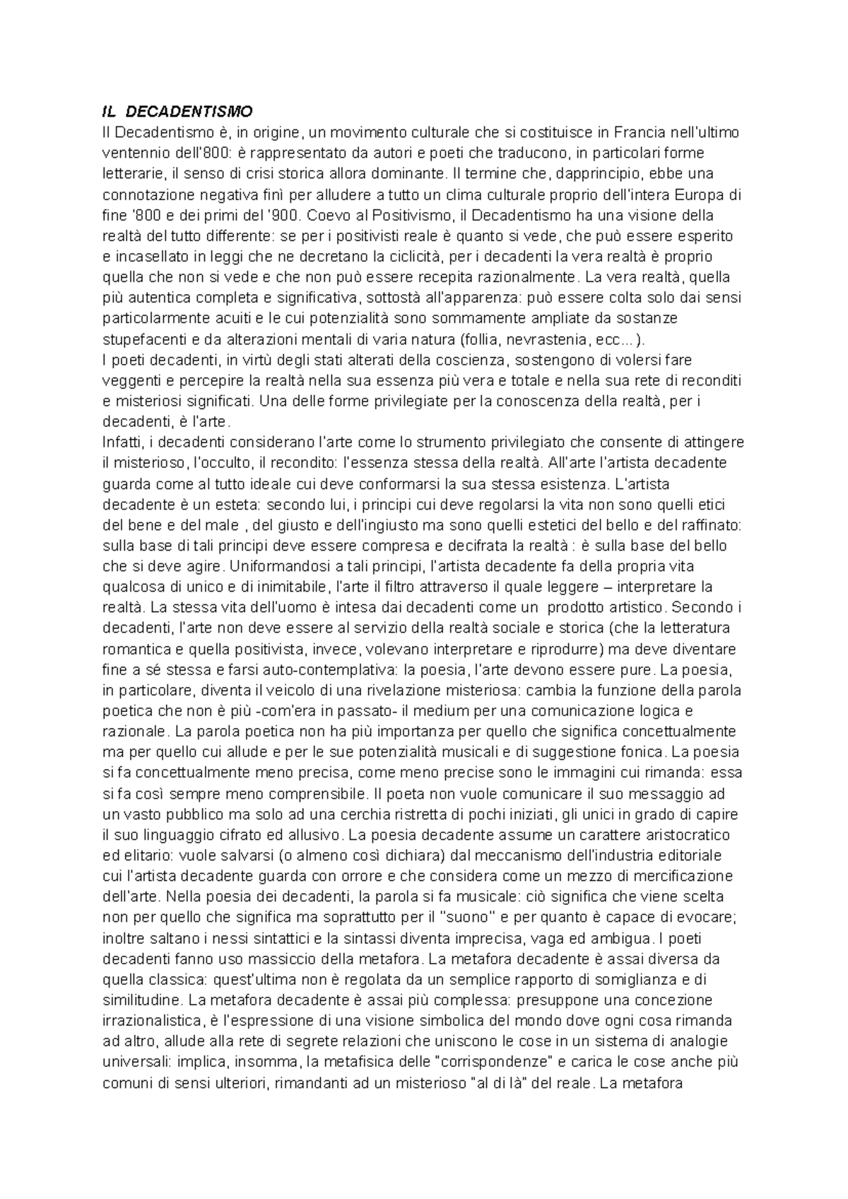 IL Decadentismo, D' Annunzio, E Svevo - IL DECADENTISMO Il Decadentismo ...