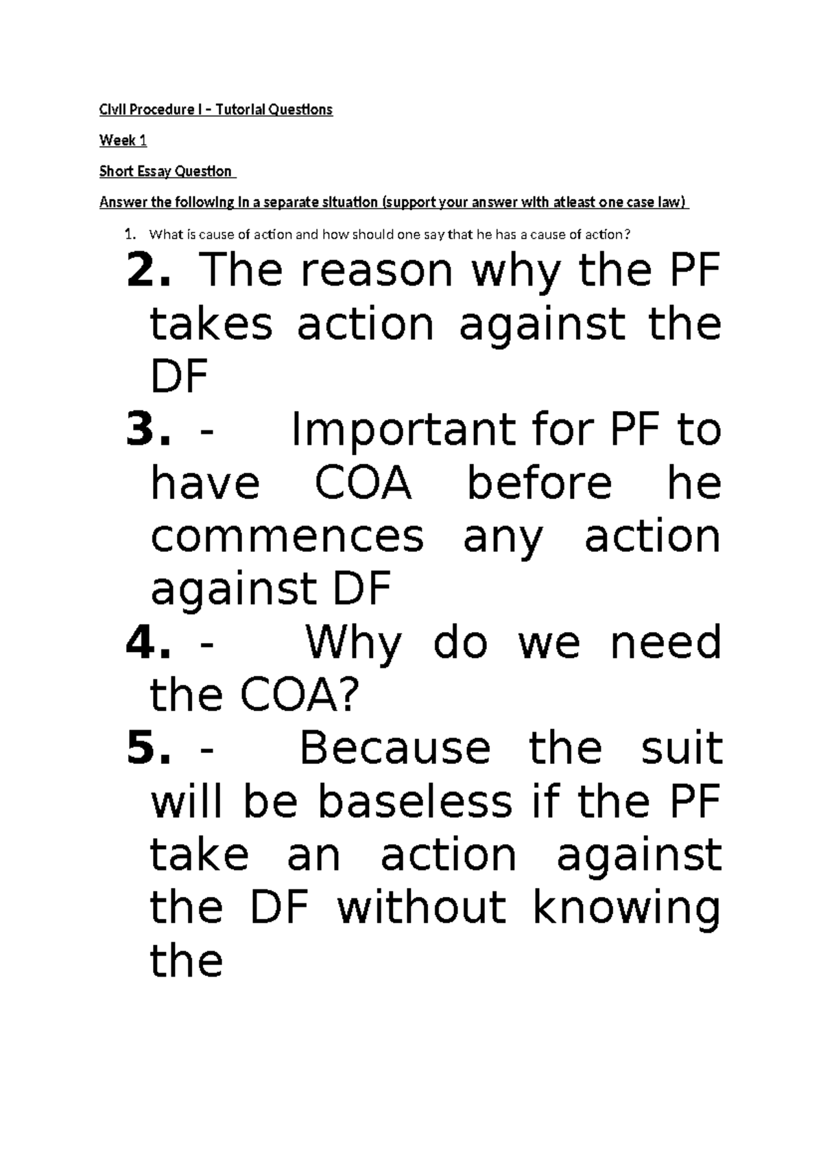 Civil Procedure I tutorial week 1 - Civil Procedure I – Tutorial Questions Week 1 Short Essay ...