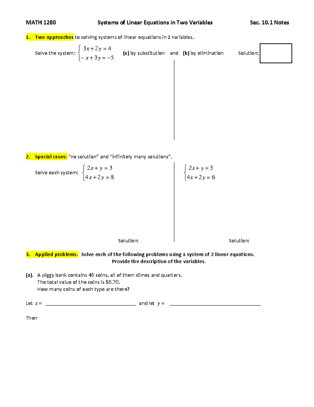 Notes - Sec. 10.1 (Systems of Equations) - MATH 1280 Systems of Linear ...