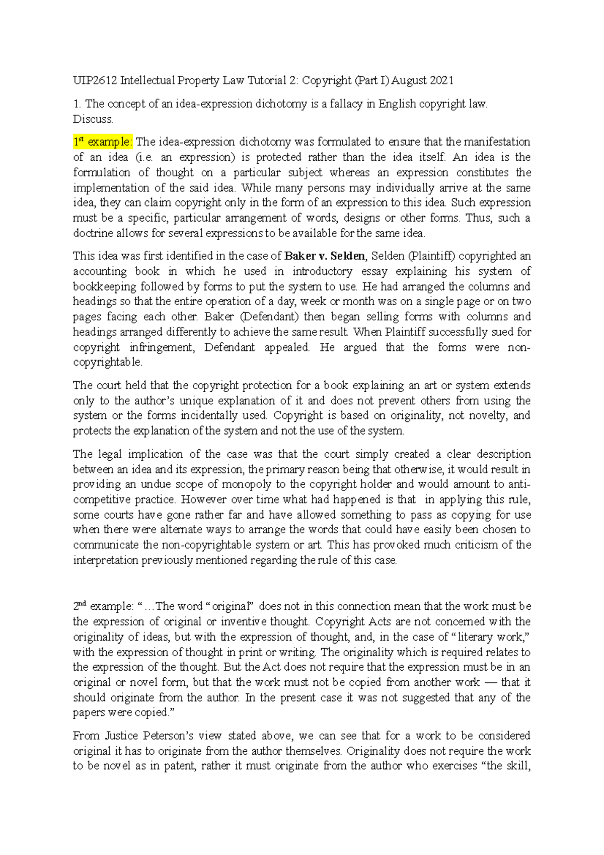 IP Tuto 2 - I dont know whether correct - UIP2612 Intellectual Property ...