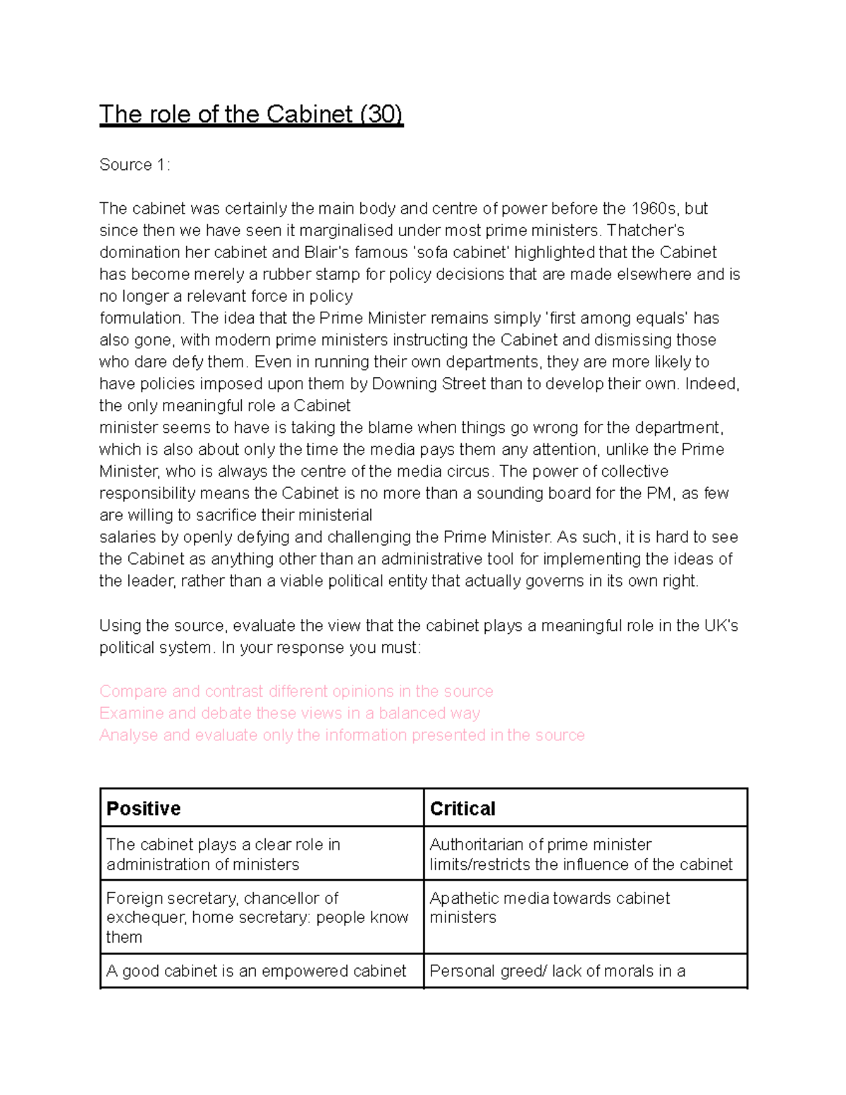 The role of the Cabinet (30) - Thatcher’s domination her cabinet and ...