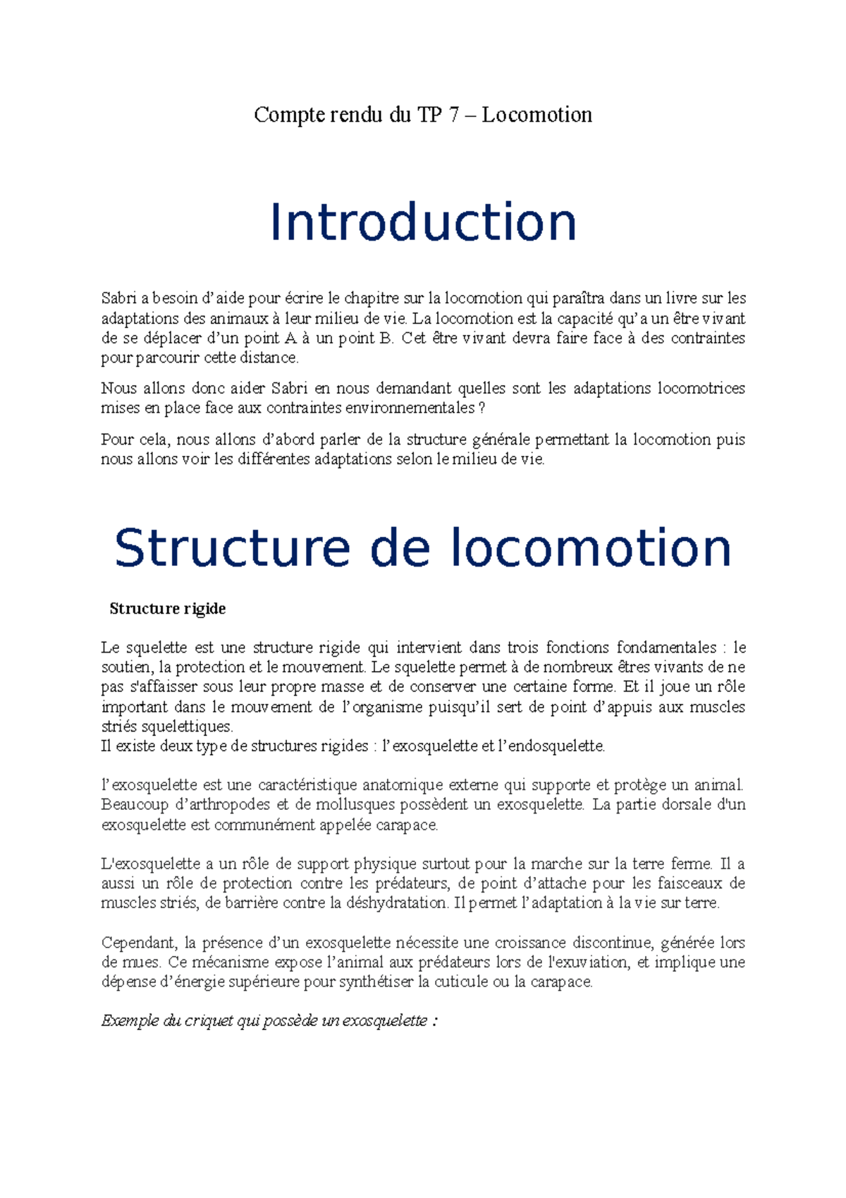 HLBE101 TP7 CR locomotion - Compte rendu du TP 7 – Locomotion Introduction Sabri a besoin d’aide ...