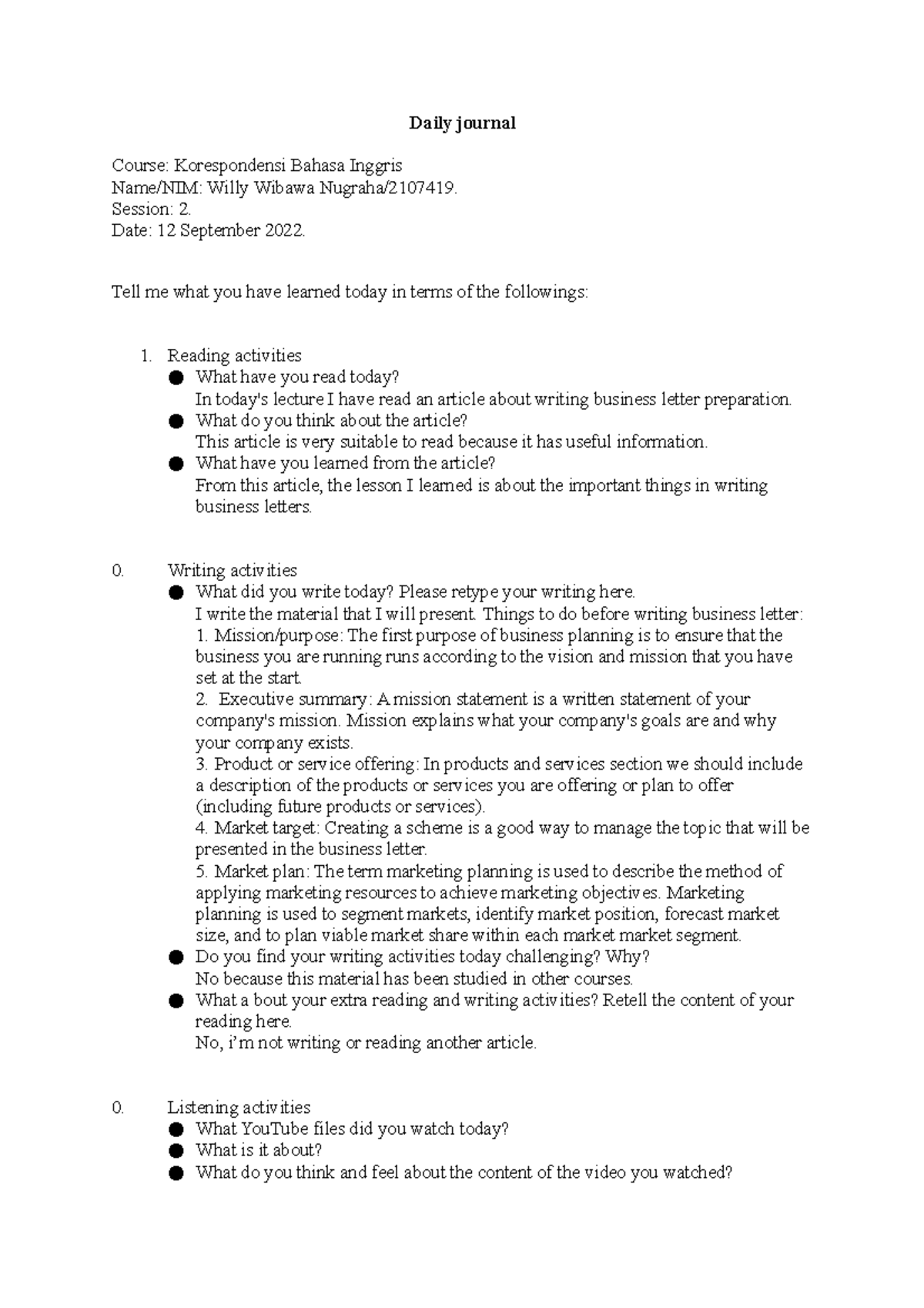 Daily journal at English Course to reflect student's understanding ...