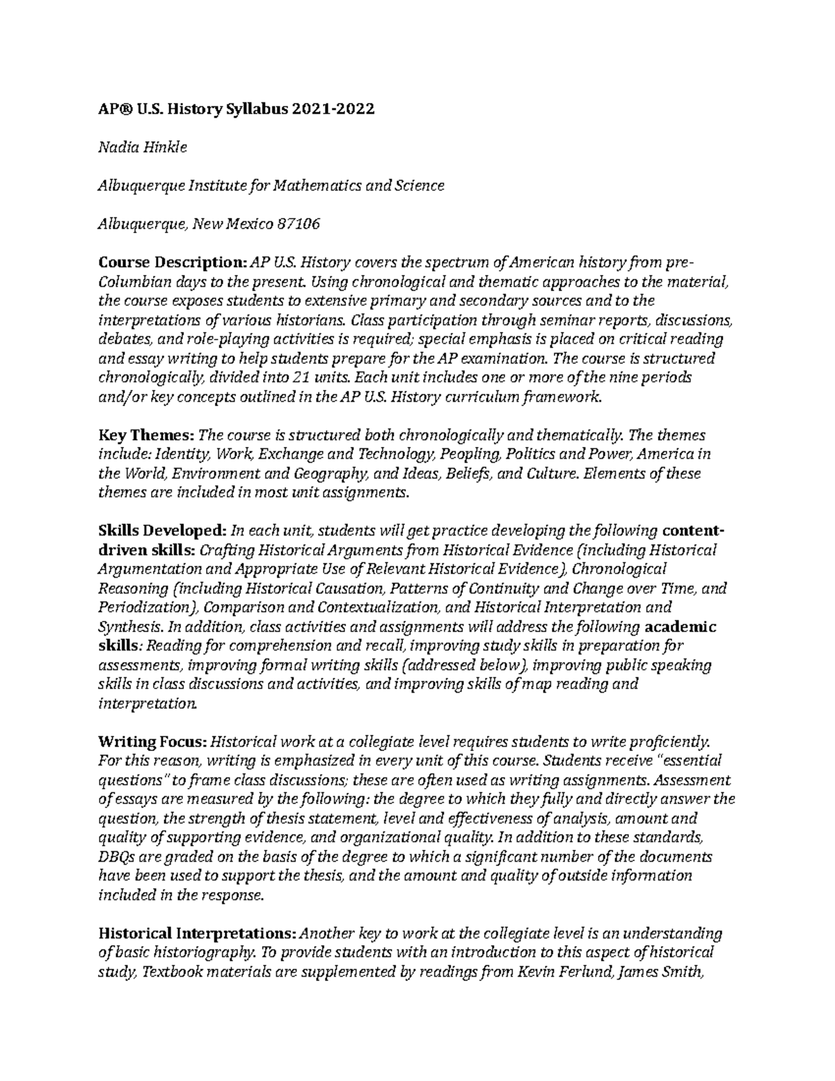 2021-2022 Apush Syllabus - AP® U. History Syllabus 2021- Nadia Hinkle ...