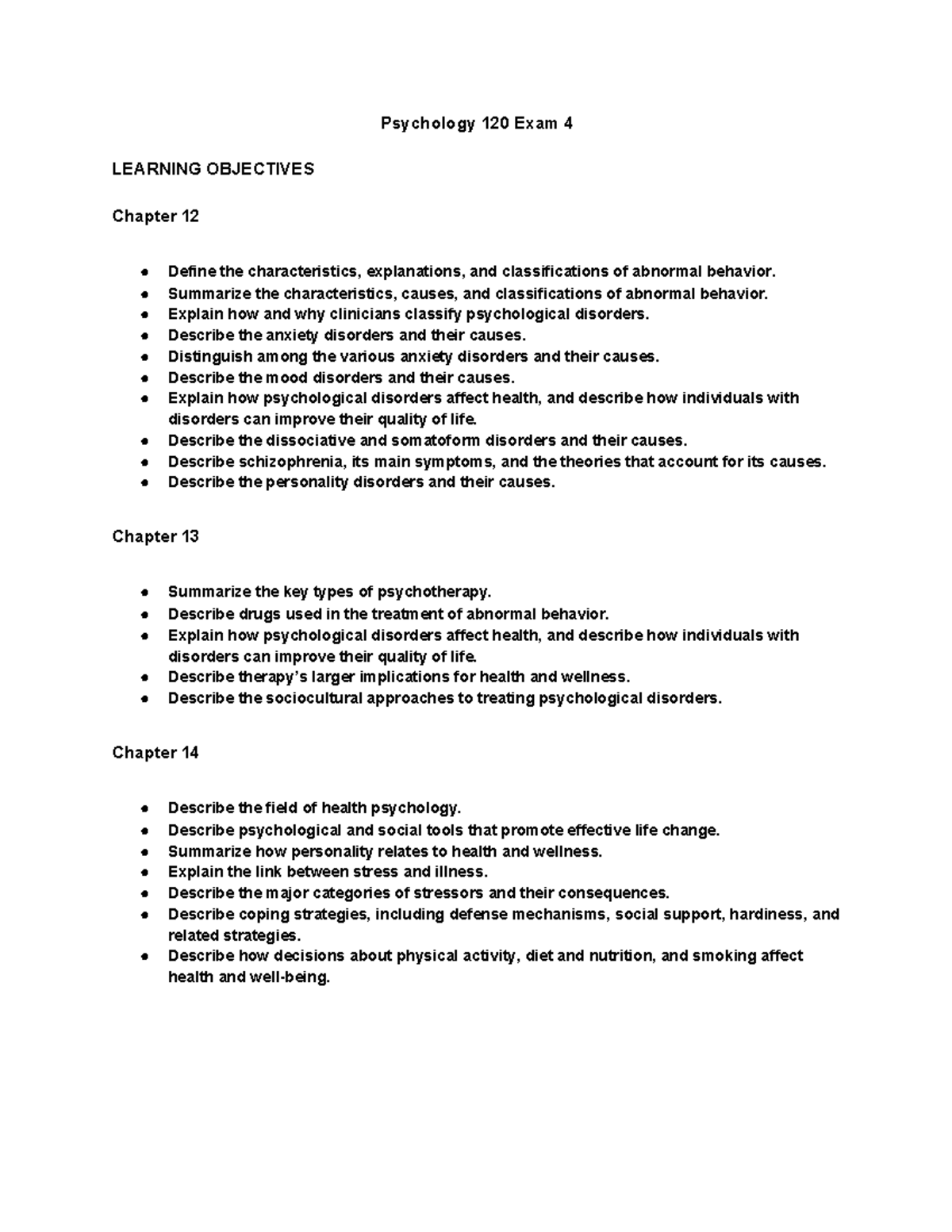 Exam 4 Learning Objectives - Psychology 120 Exam 4 LEARNING OBJECTIVES ...