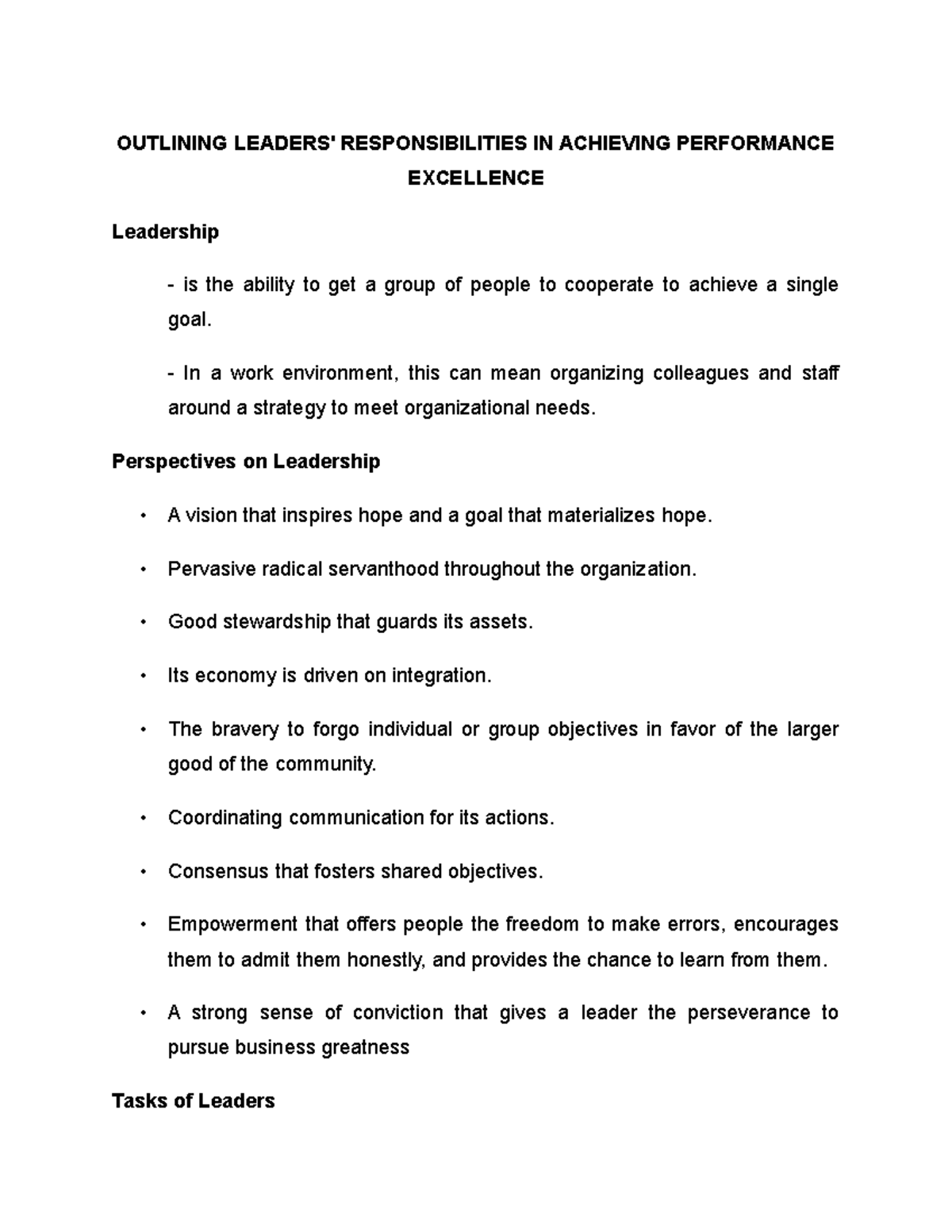 Outlining Leaders' Responsibilities IN Achieving Performance Excellence ...