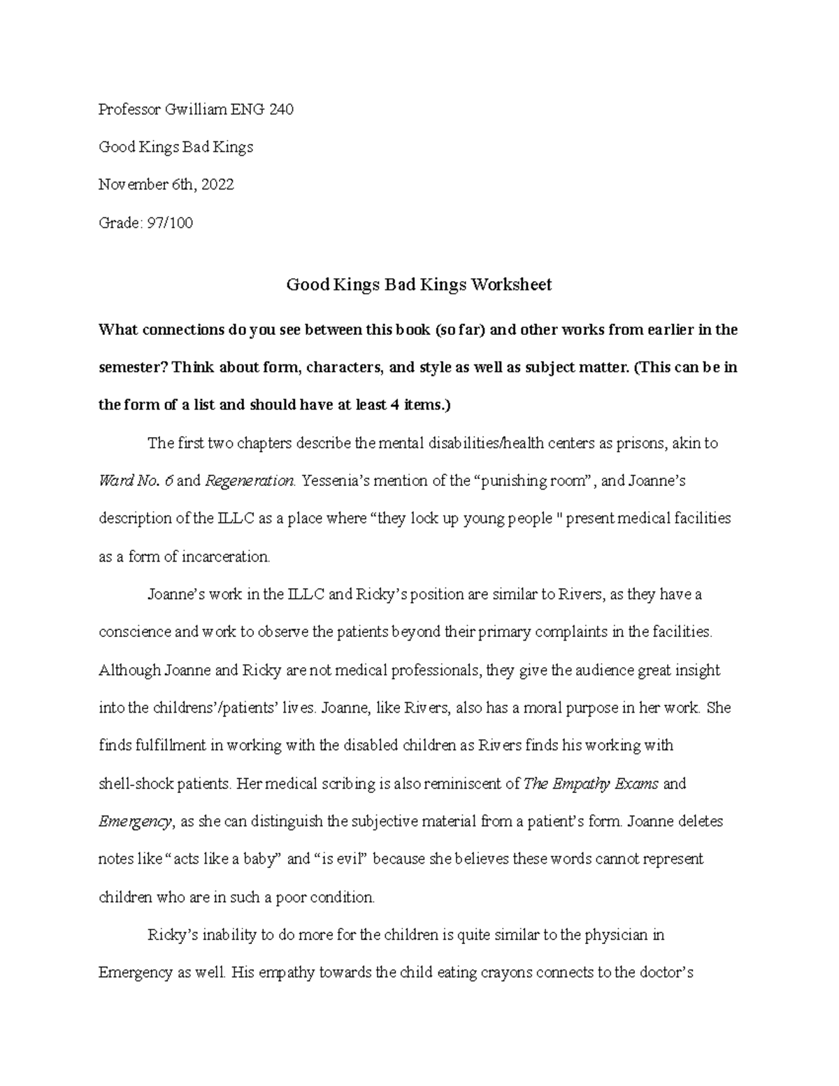 Good Kings Bad Kings Worksheet 1 - Professor Gwilliam ENG 240 Good ...