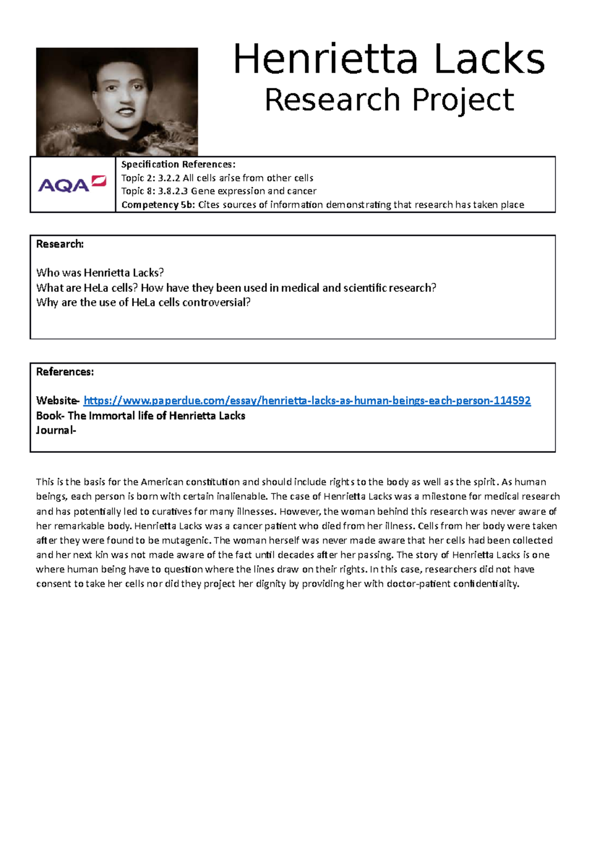 Henrietta Lacks Research Project - Henrietta Lacks Research Project ...