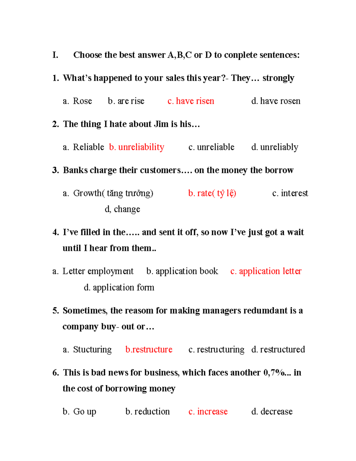 Trainging TESt 2 - I. Choose the best answer A,B,C or D to conplete ...