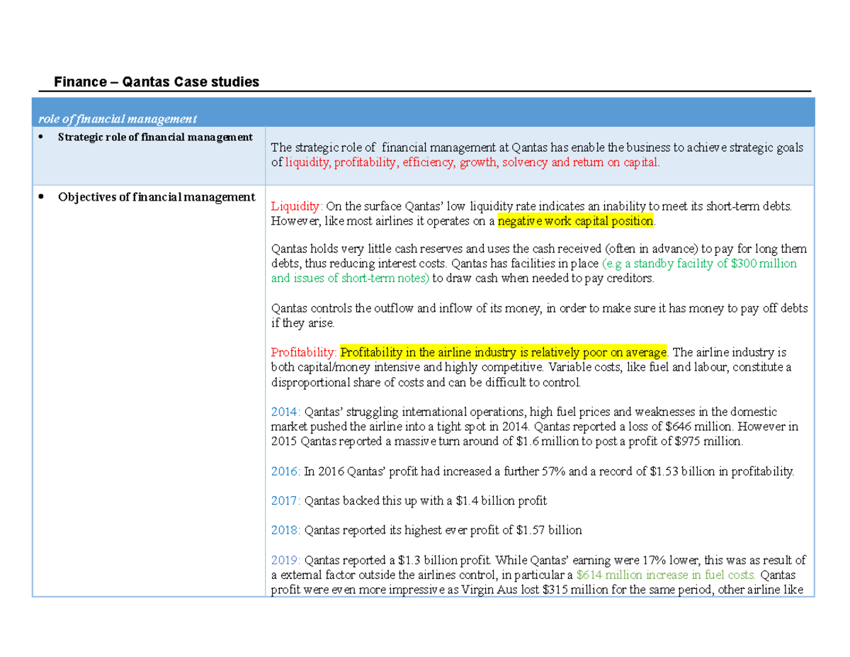 Finance Qantas Case Study - Finance – Qantas Case studies role of ...