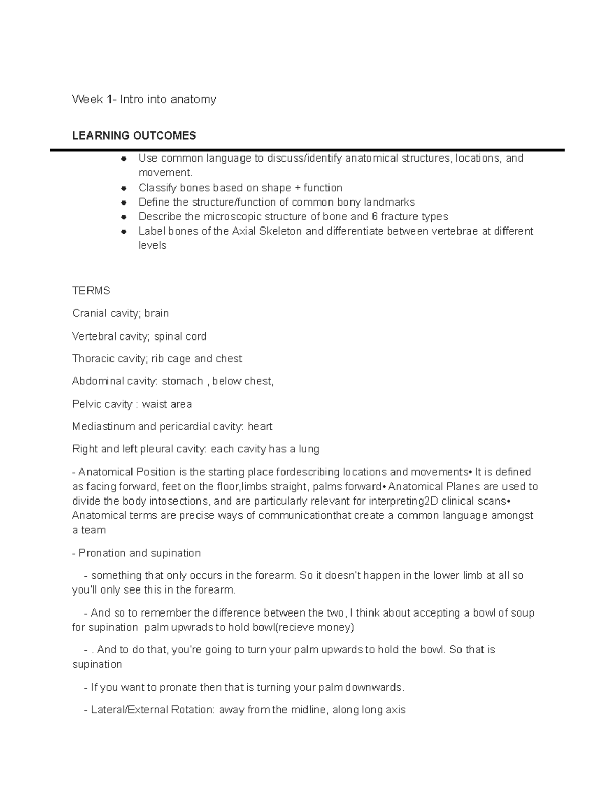 Anatomy - notes - Week 1- Intro into anatomy LEARNING OUTCOMES Use ...