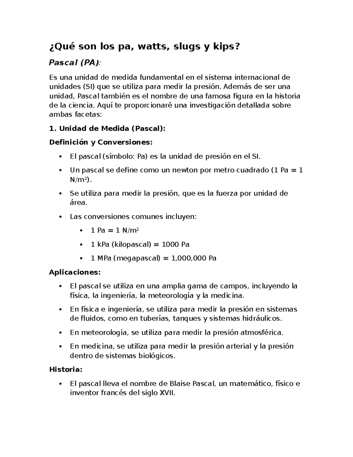 PA, Watts, Slugs, KIPS - Apuntes - ¿Qué son los pa, watts, slugs y kips ...