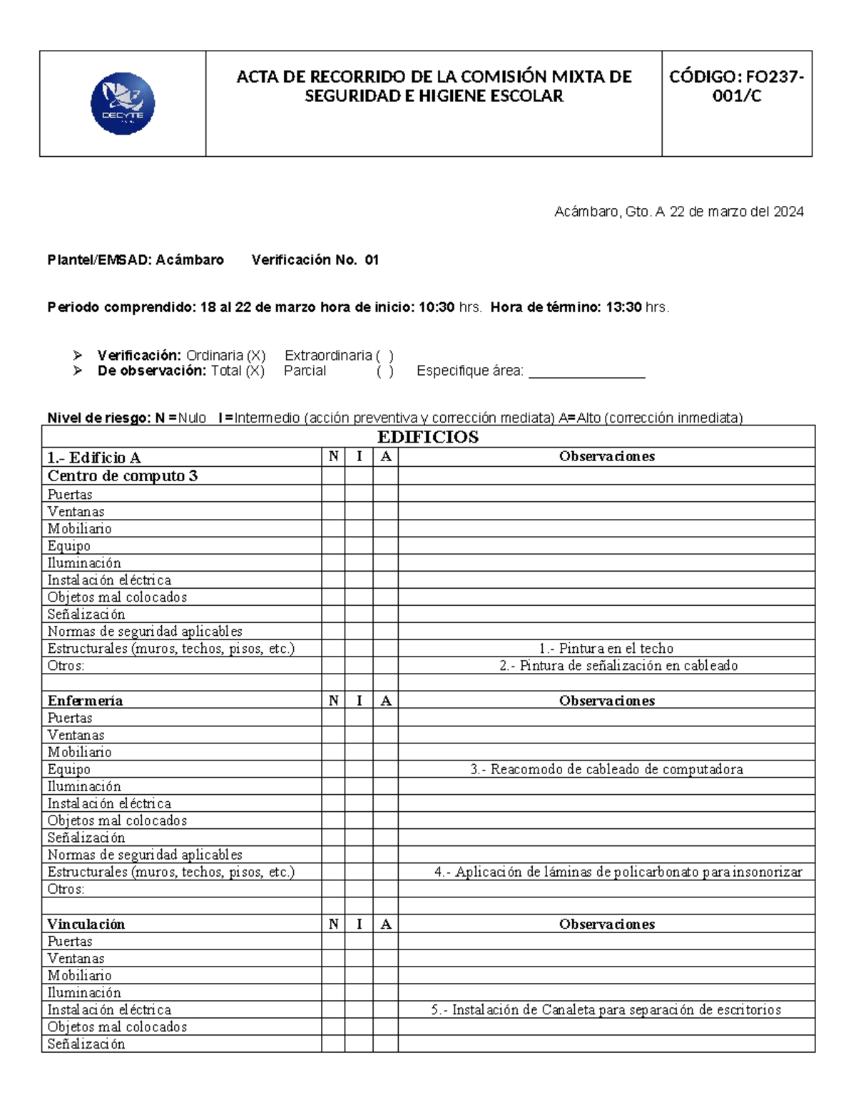 recorrido CMSH 2023 - SEGURIDAD E HIGIENE ESCOLAR 001/C Acámbaro, Gto. A 22 de marzo del 2024 ...
