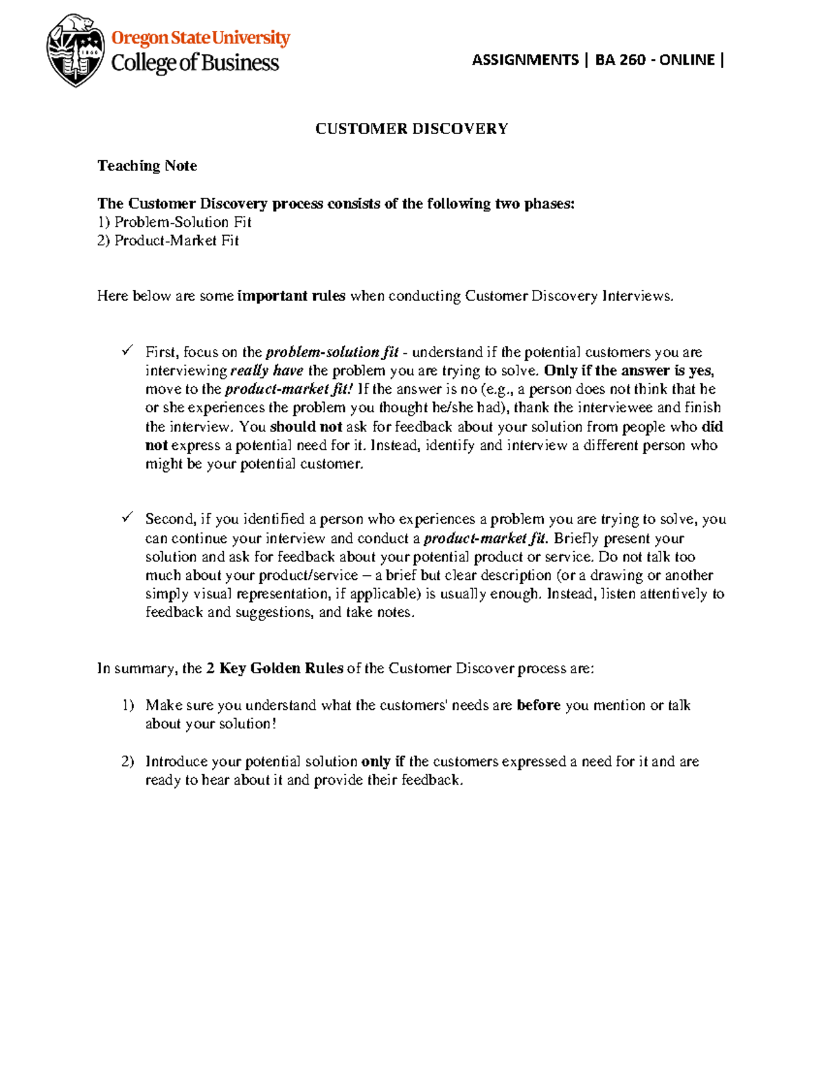 Customer Discovery Teaching Note - ASSIGNMENTS | BA 260 - ONLINE ...