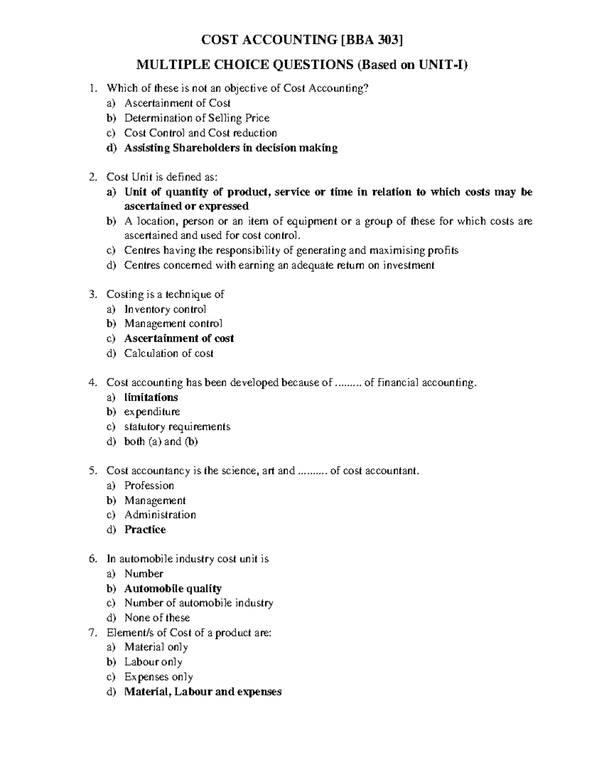 COST Accounting BBA 303 MCQs UNIT I - COST ACCOUNTING [BBA 303 ...
