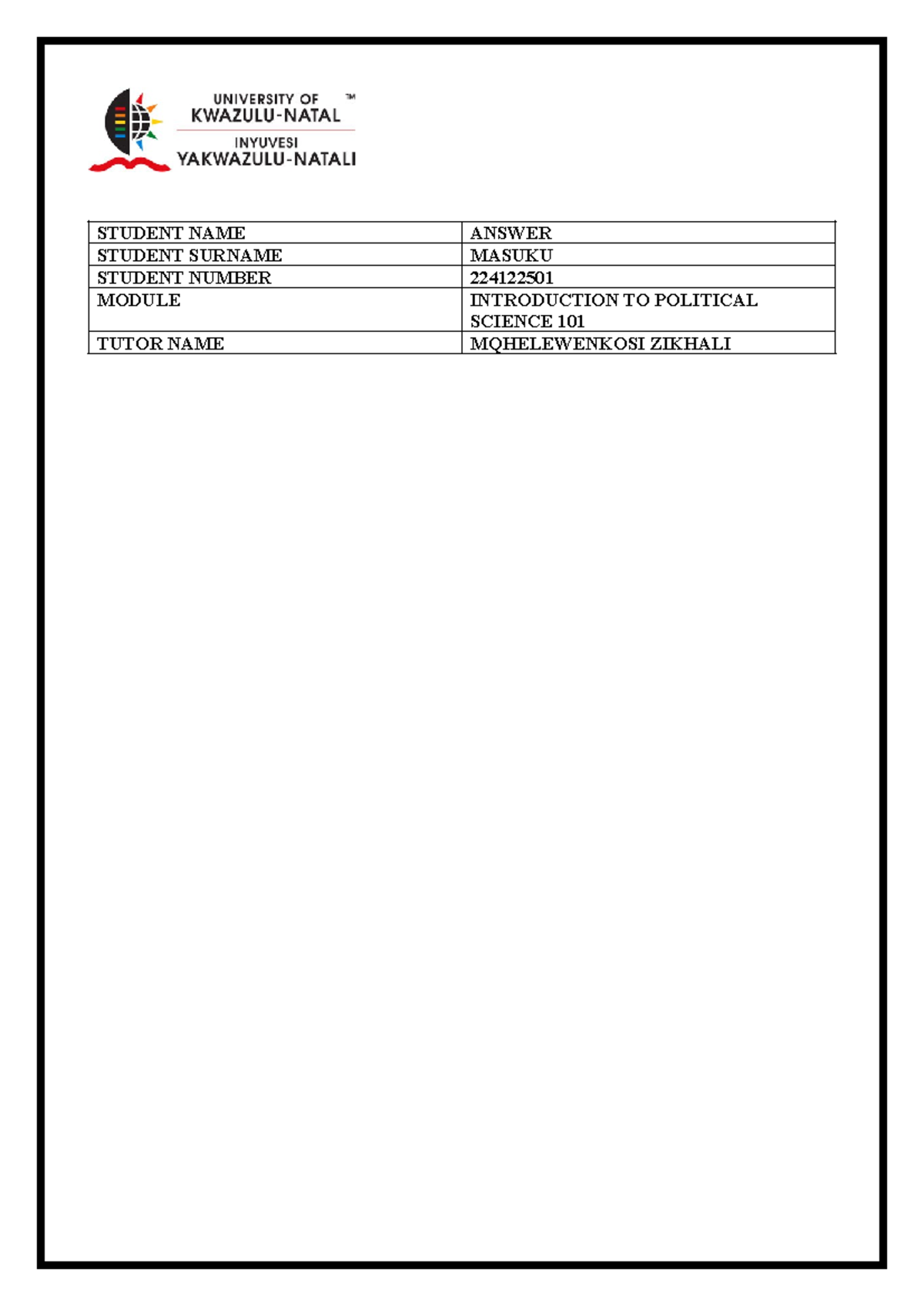 Pols tutorial assessement - STUDENT NAME ANSWER STUDENT SURNAME MASUKU ...