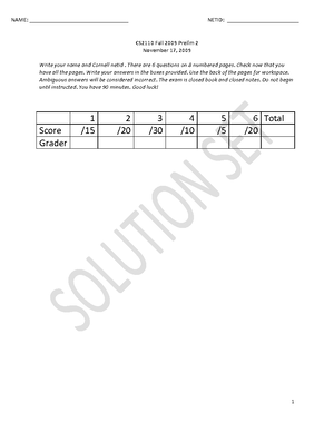 Prelim 1 Solutions Fall 2010 - CS2110 Fall 2010 Prelim 1 October 14, 2010 The exam is closed ...