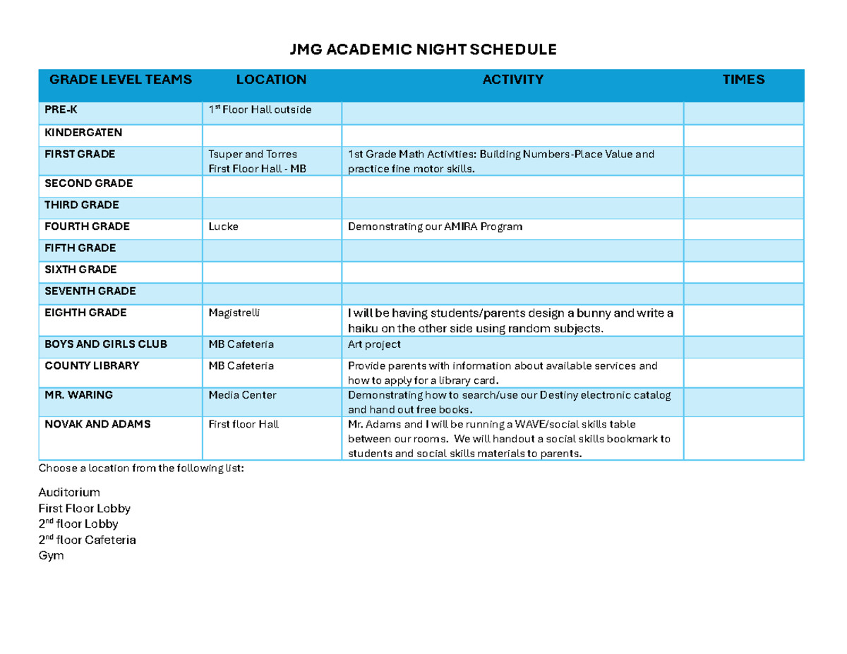 Parents Academic Night Schedule - JMG ACADEMIC NIGHT SCHEDULE GRADE ...