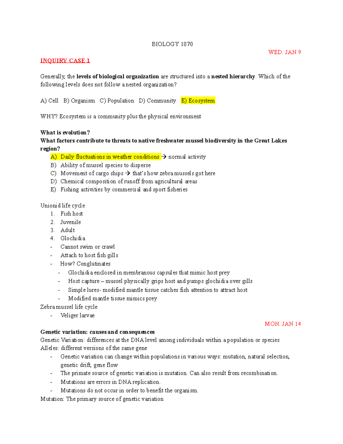 Biology 1070 - Lecture notes all - BIOLOGY 1070 WED. JAN 9 INQUIRY CASE ...