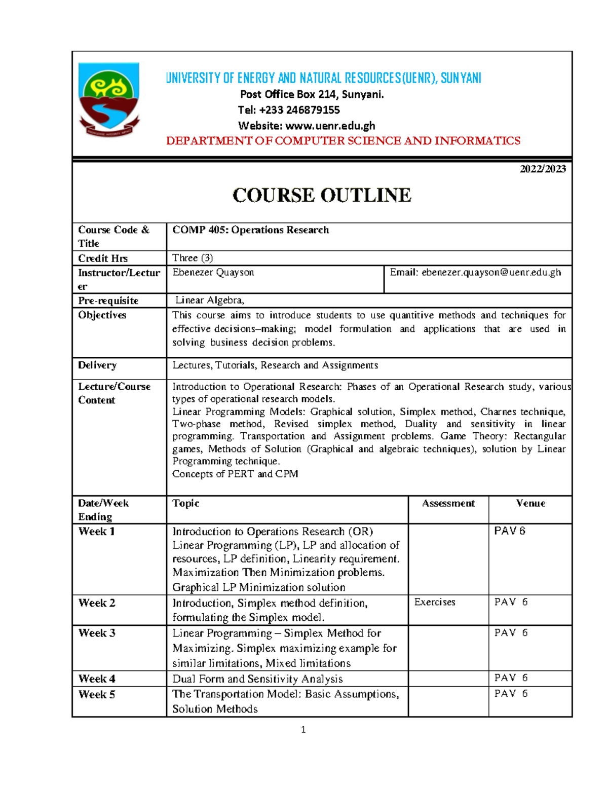 COMP 405 Operations Research - UNIVERSITY OF ENERGY AND NATURAL ...