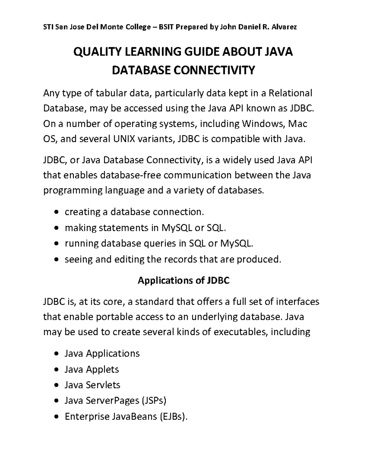 Quality Learning Guide About Java Database Connectivity - QUALITY ...