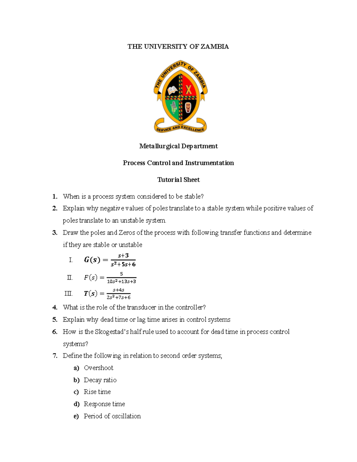 Process Control Tutorial sheet - THE UNIVERSITY OF ZAMBIA Metallurgical ...
