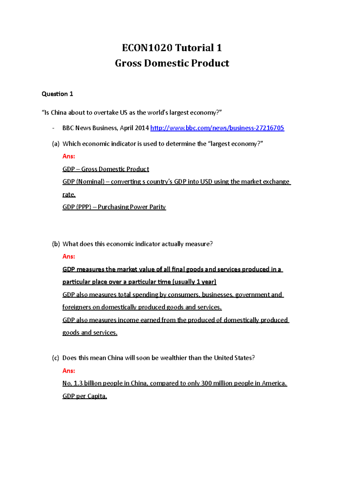 ECON 1020 Tutorial 1 GDP ans - ECON1020 Tutorial 1 Gross Domestic ...