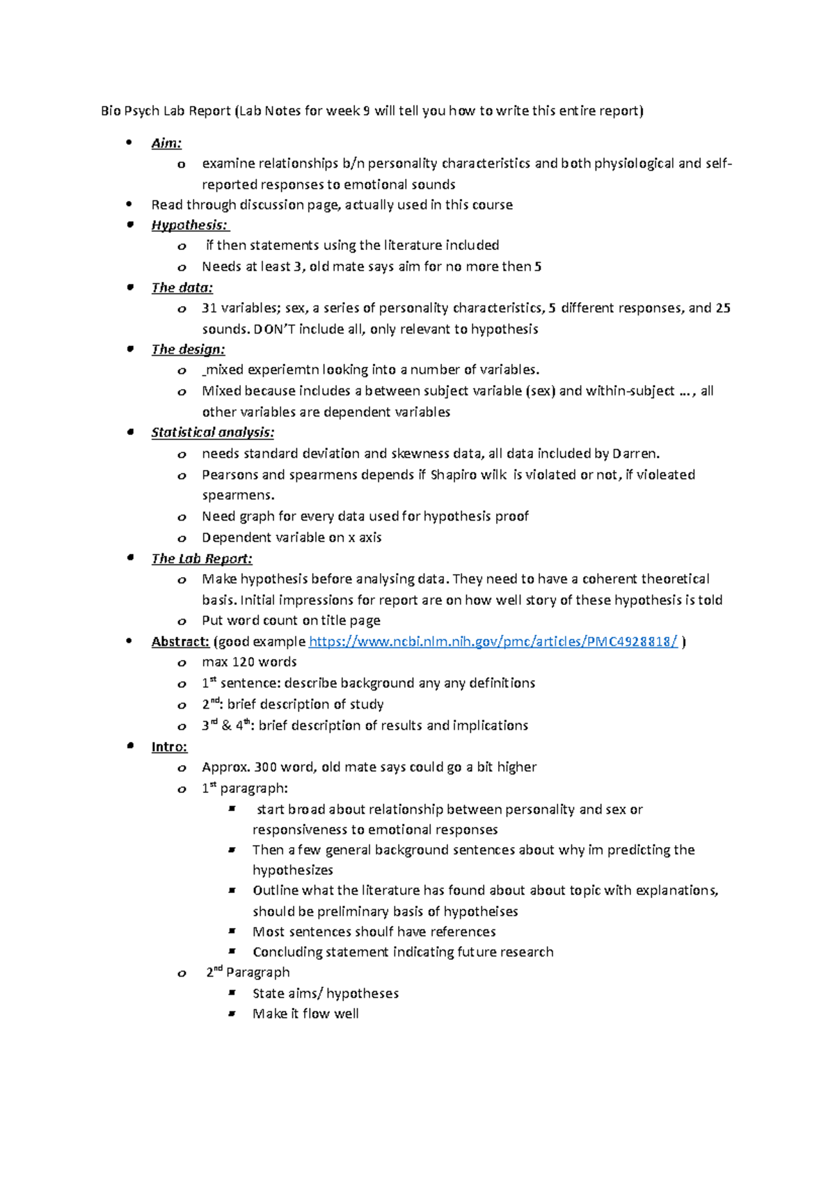 Bio Psych Lab Report - DON’T include all, only relevant to hypothesis ...