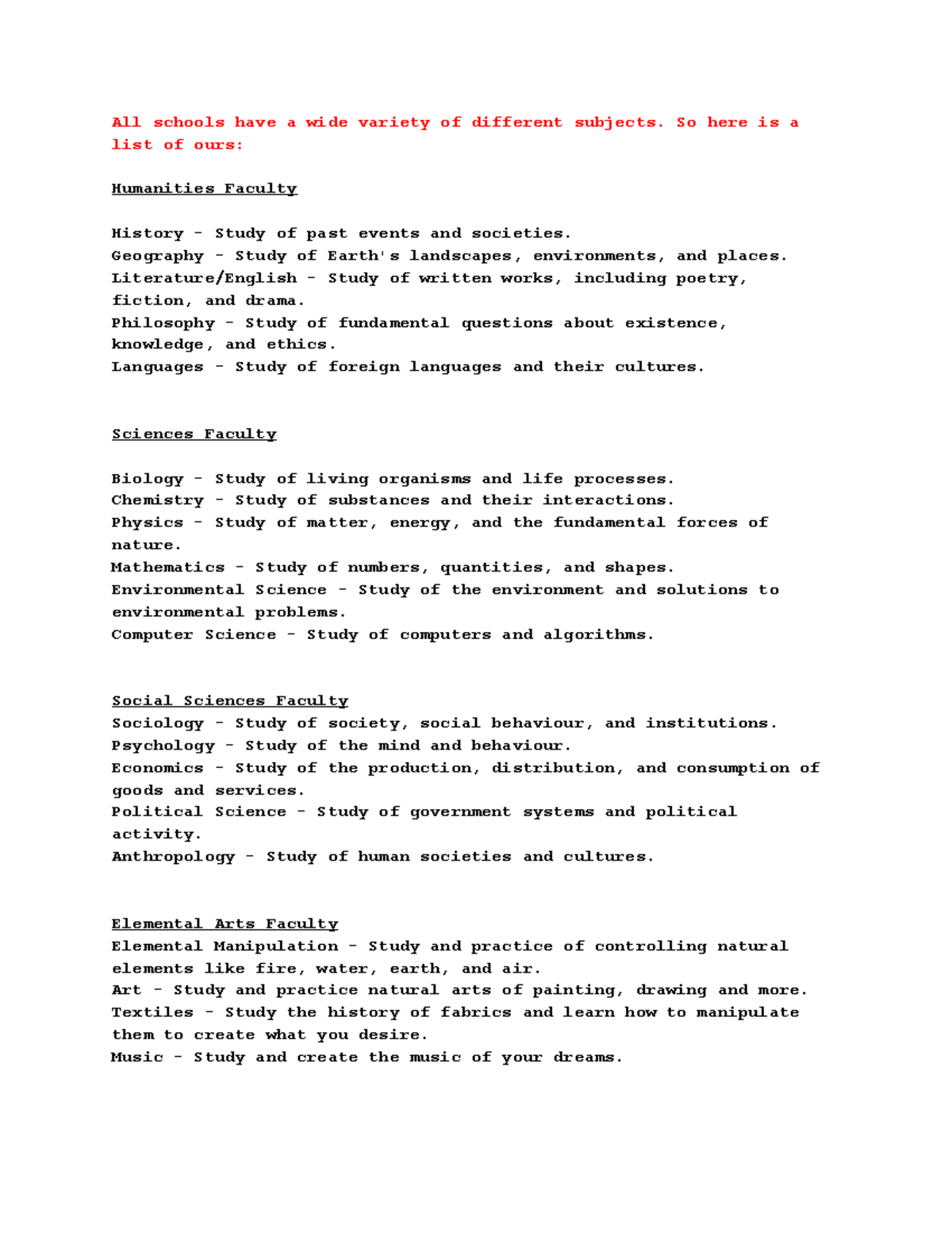 Subjects - AAAAAAAA - All schools have a wide variety of different ...