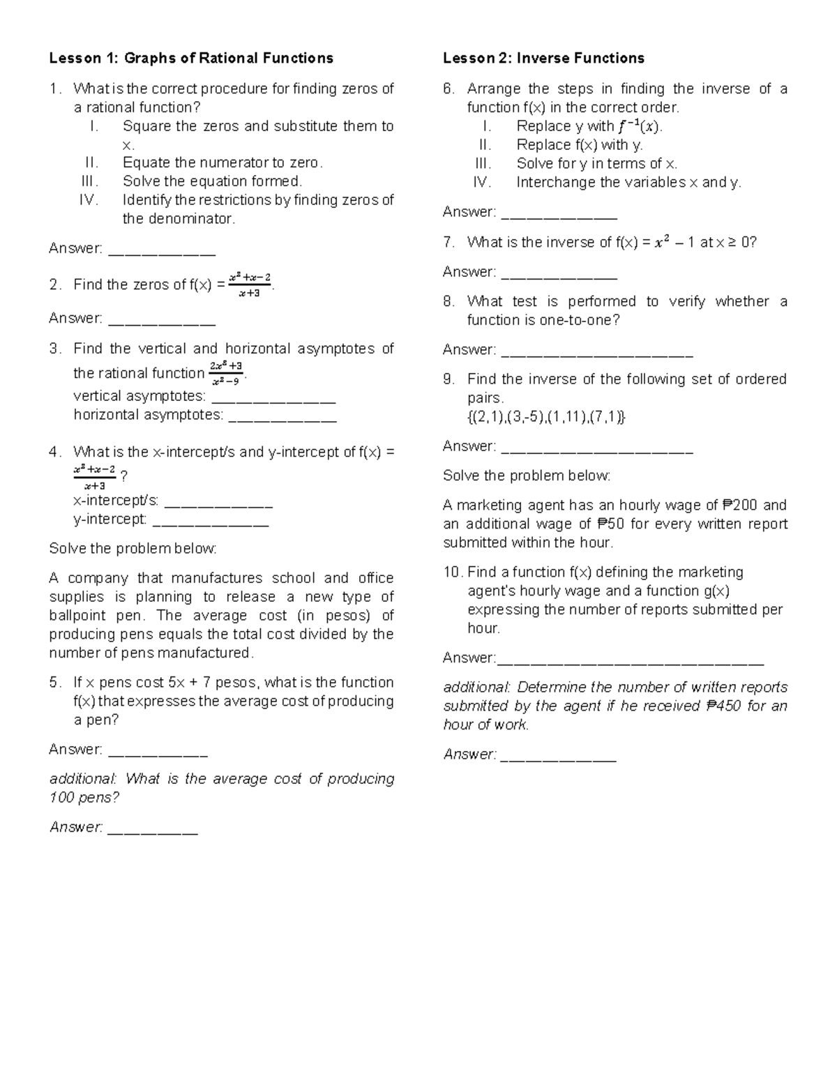 Genmath Reviewer - Lesson 1: Graphs of Rational Functions What is the ...