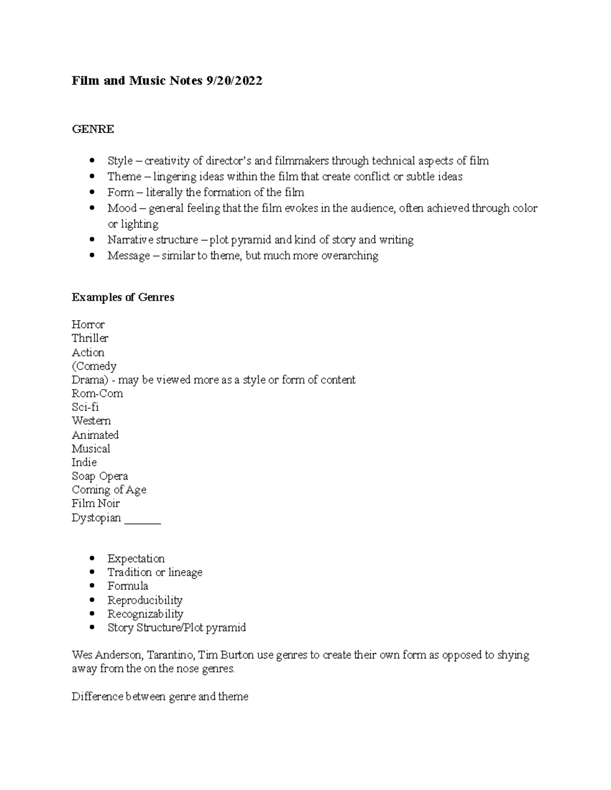 Film Nonfiction notes on genre and themes - Film and Music Notes 9/20 ...