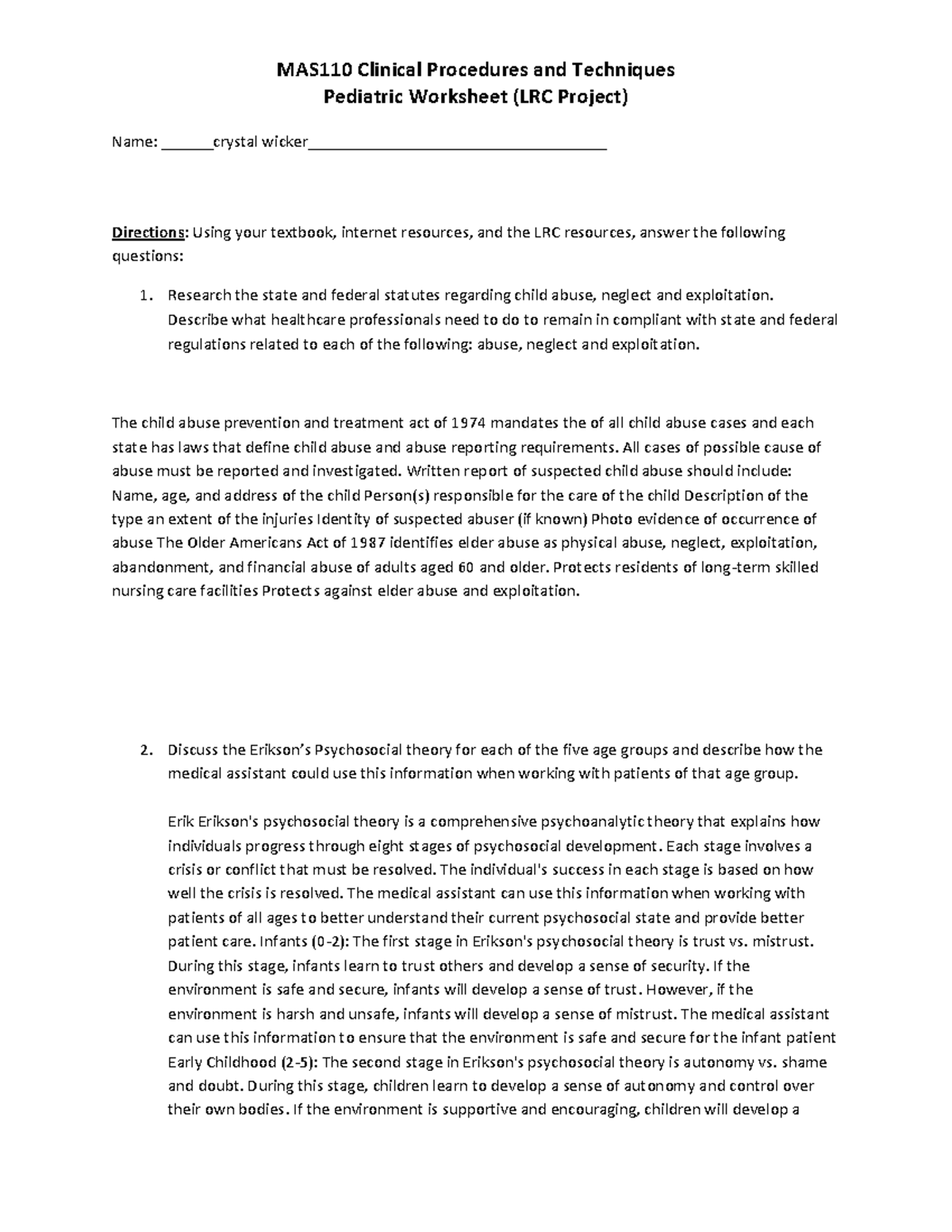 MAS110 Week 5 Pediatric Worksheet (1) (1) - MAS110 Clinical Procedures ...