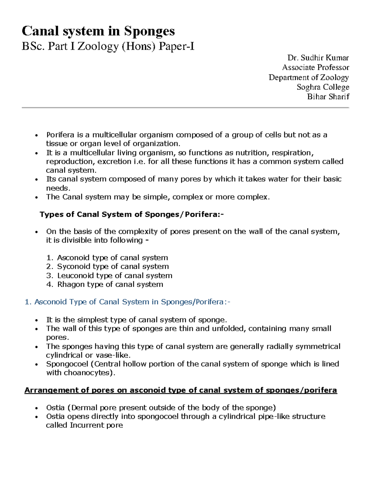 42 Canal System Sponge - Canal system in Sponges BSc. Part I Zoology ...