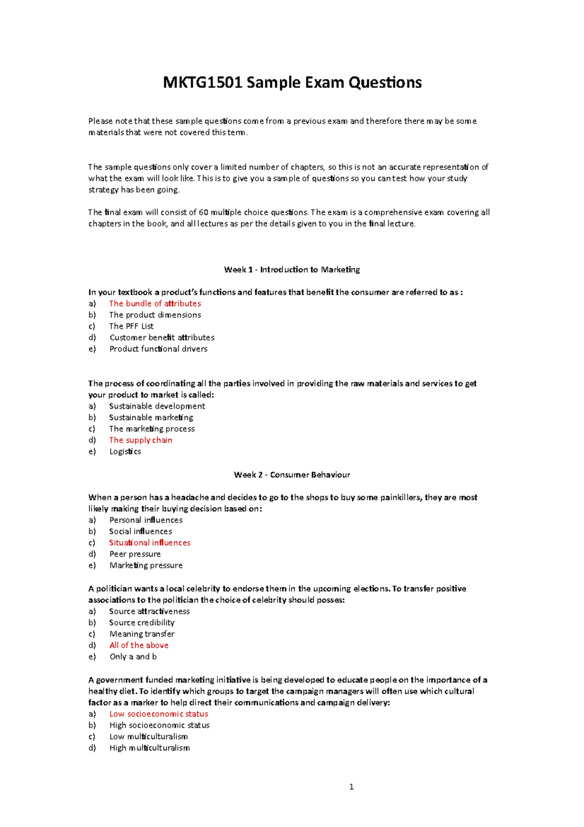 Practice EXAM 1501 - MKTG1501 Sample Exam Questions Please note that these sample questions come ...
