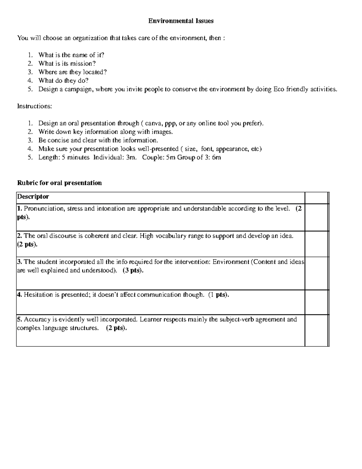 Rubric speaking (1) - TRABAJOS UNAD - Environmental Issues You will ...