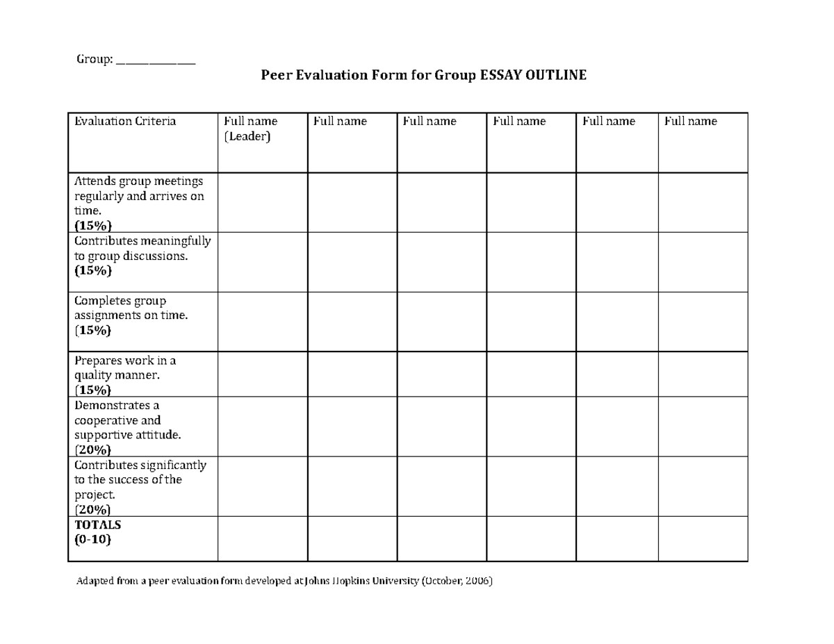 Peer-Evaluation-Form-AL-session - Peer Evaluation Form for Group ESSAY ...