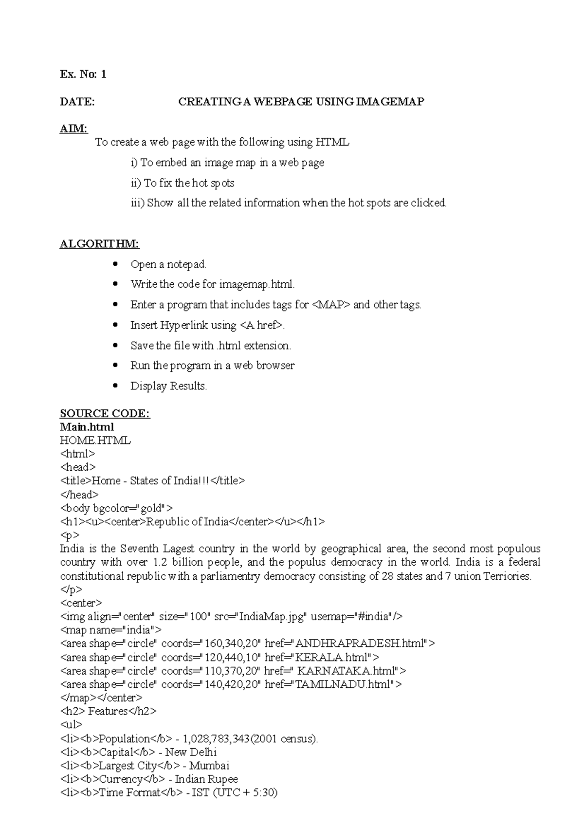 Final IP LAB-2 - IP Lab practical manual - Ex. No: 1 DATE: CREATING A WEBPAGE USING IMAGEMAP AIM ...