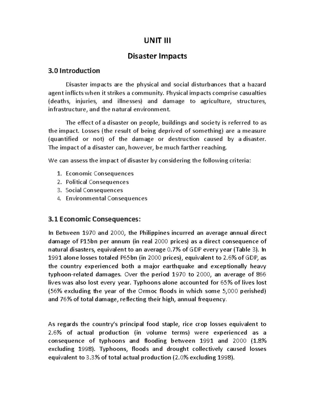 DPPM UNIT 3 - Study Material - UNIT III Disaster Impacts 3 Introduction ...