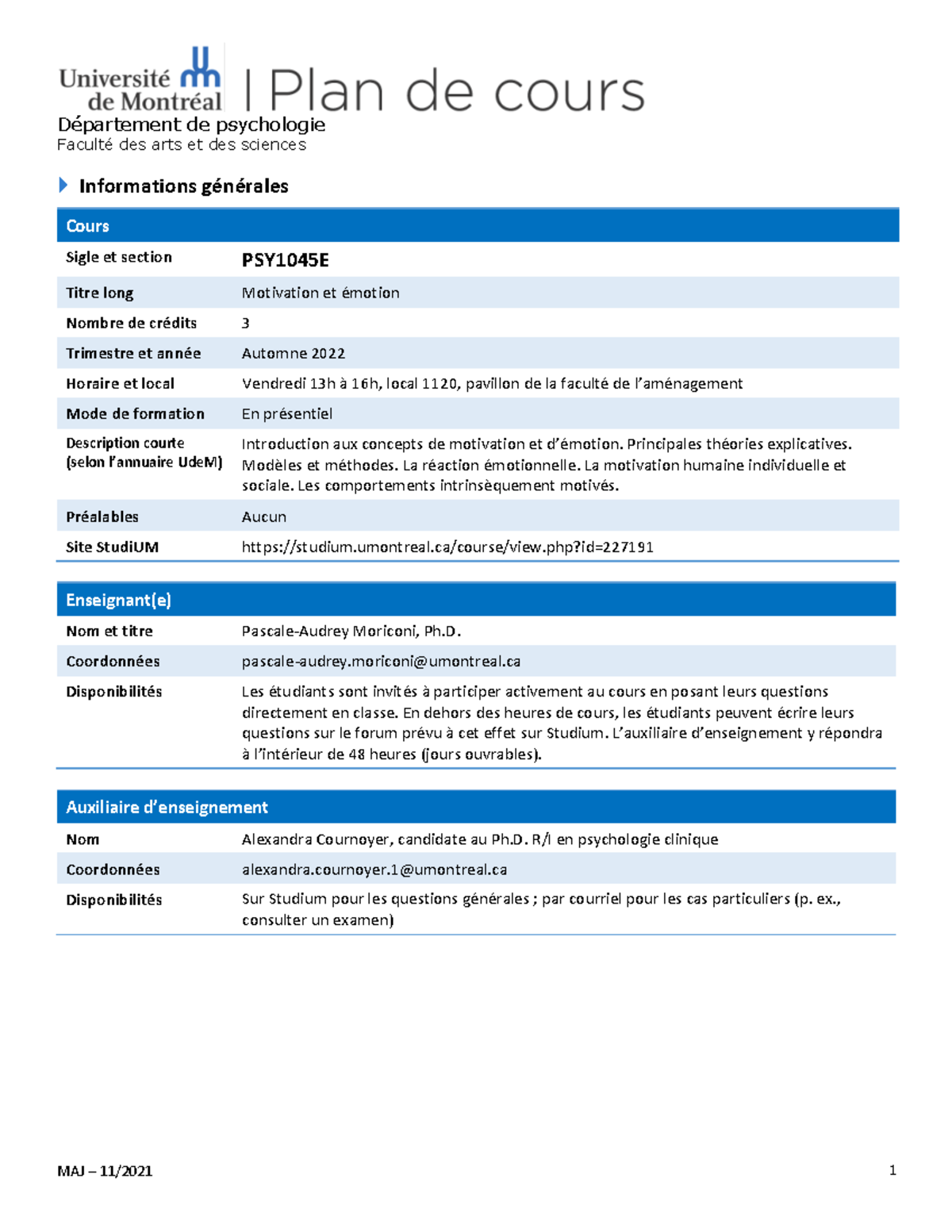 Plan cours PSY1045E Final A2022 - Faculté des arts et des sciences } Informations générales ...