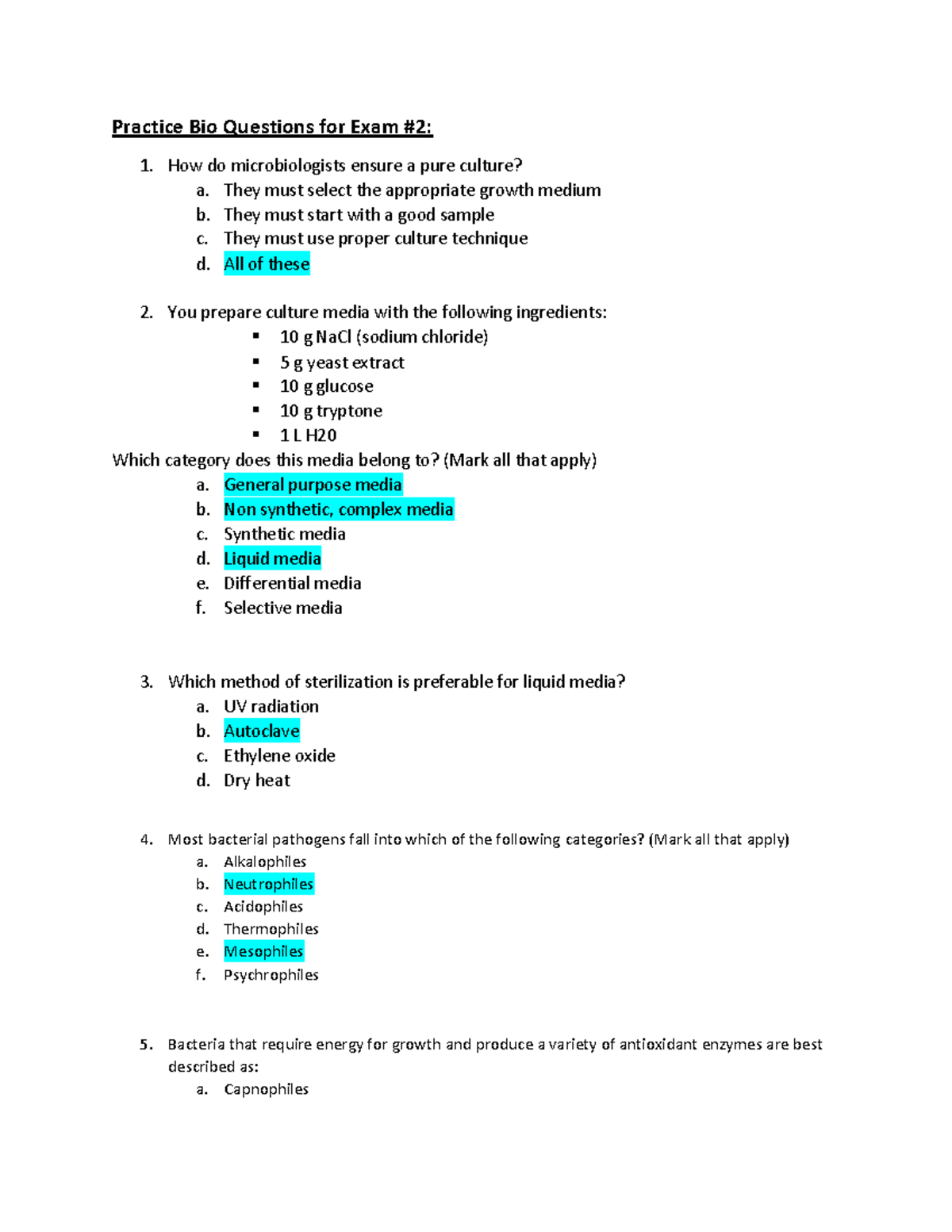 Practice bio questions part 4 - Practice Bio Questions for Exam #2: 1 ...
