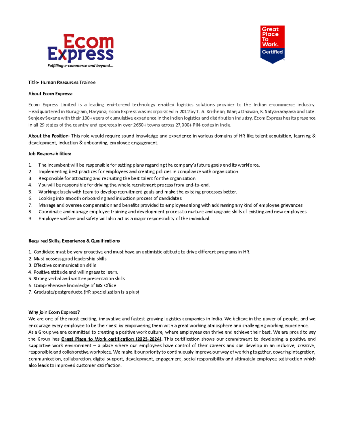 HR - JD -Campus - Title- Human Resources Trainee About Ecom Express ...