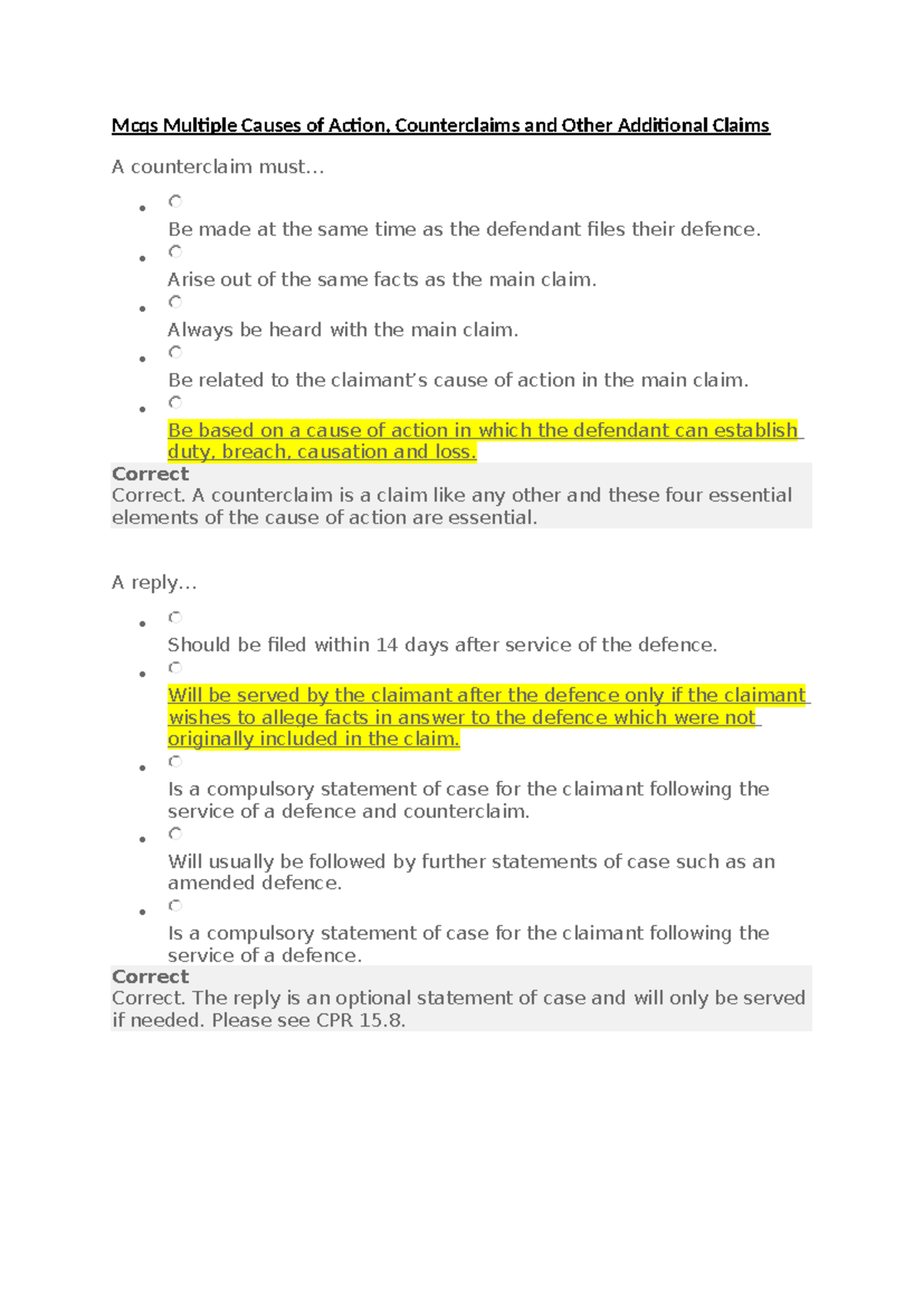 Mcqs counterclaim and addtional claims - Mcqs Multiple Causes of Action ...