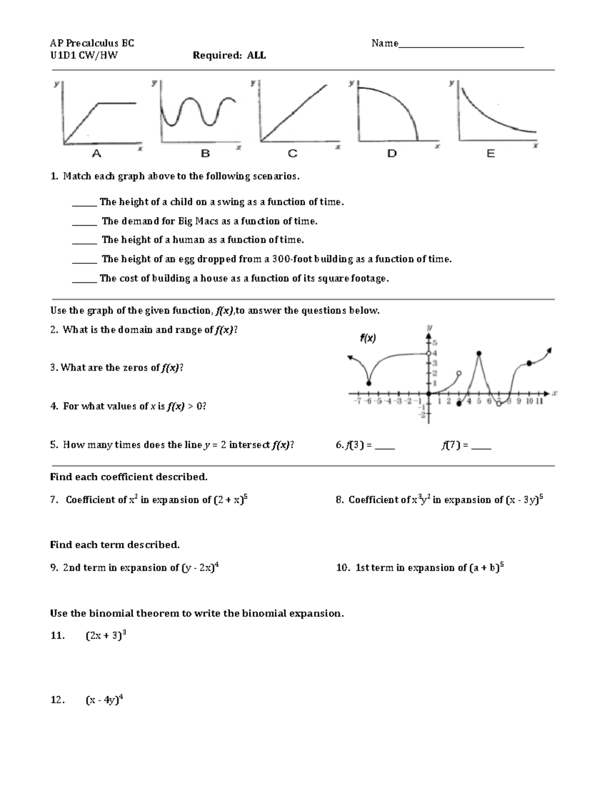 U1D1+CW HW++2024-2025 - AP Precalculus BC Name ...
