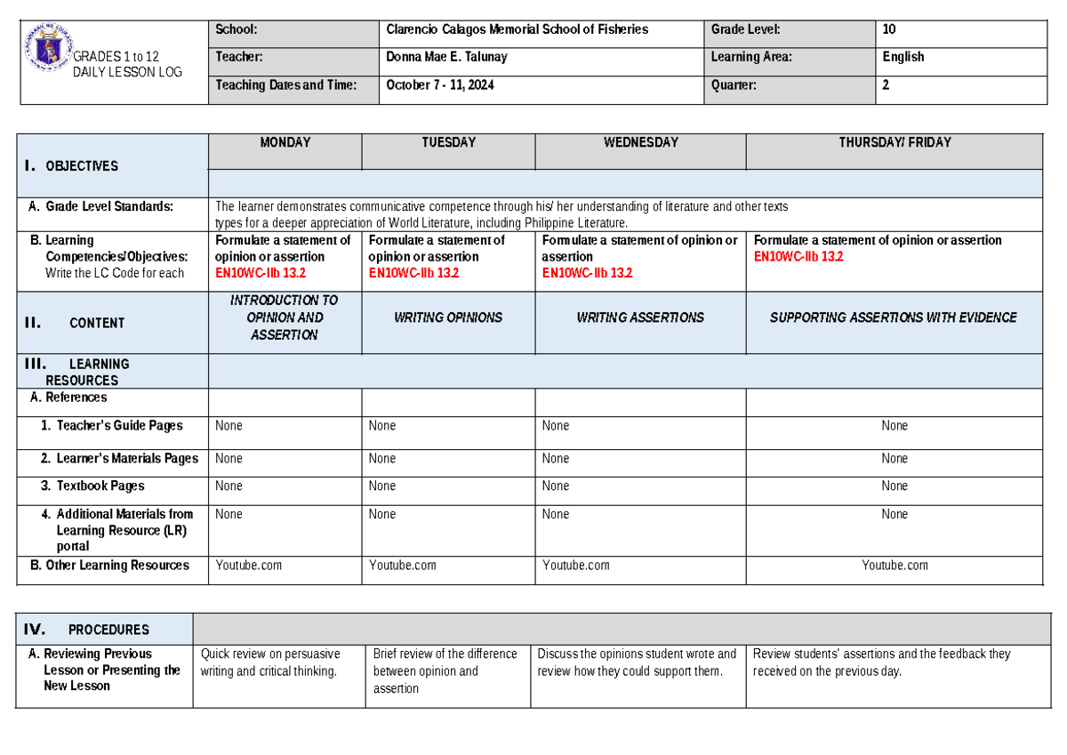 WEEK 2 - WEEKLY LESSON PLAN FOR GRADE 10 ENGLISH - I. OBJECTIVES MONDAY ...
