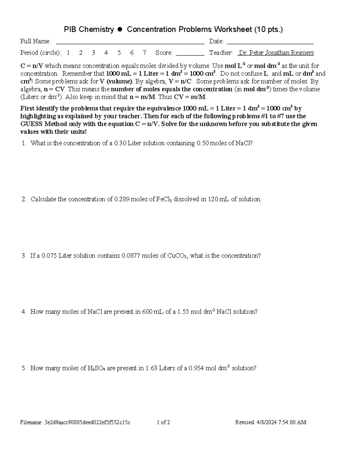 Concentration Problems Worksheet - ) Full Name: Date: Period (circle ...