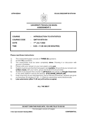 Data sta - data sta108 - Introduction to Statistic - Studocu