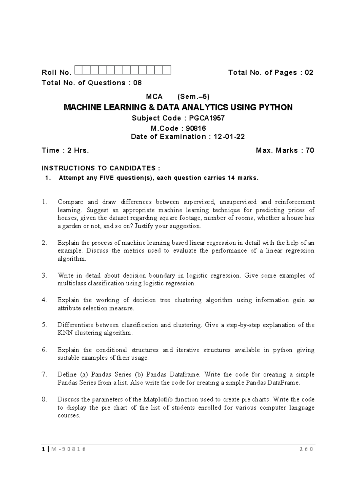 Qpaper machine learning mca - 1 | M - 9 0 8 1 6 2 6 0 Roll No. Total No ...