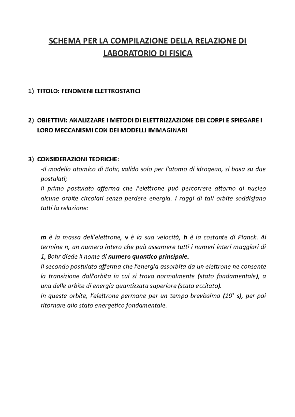 Fenomeni Elettrostatici Relazione - SCHEMA PER LA COMPILAZIONE DELLA ...