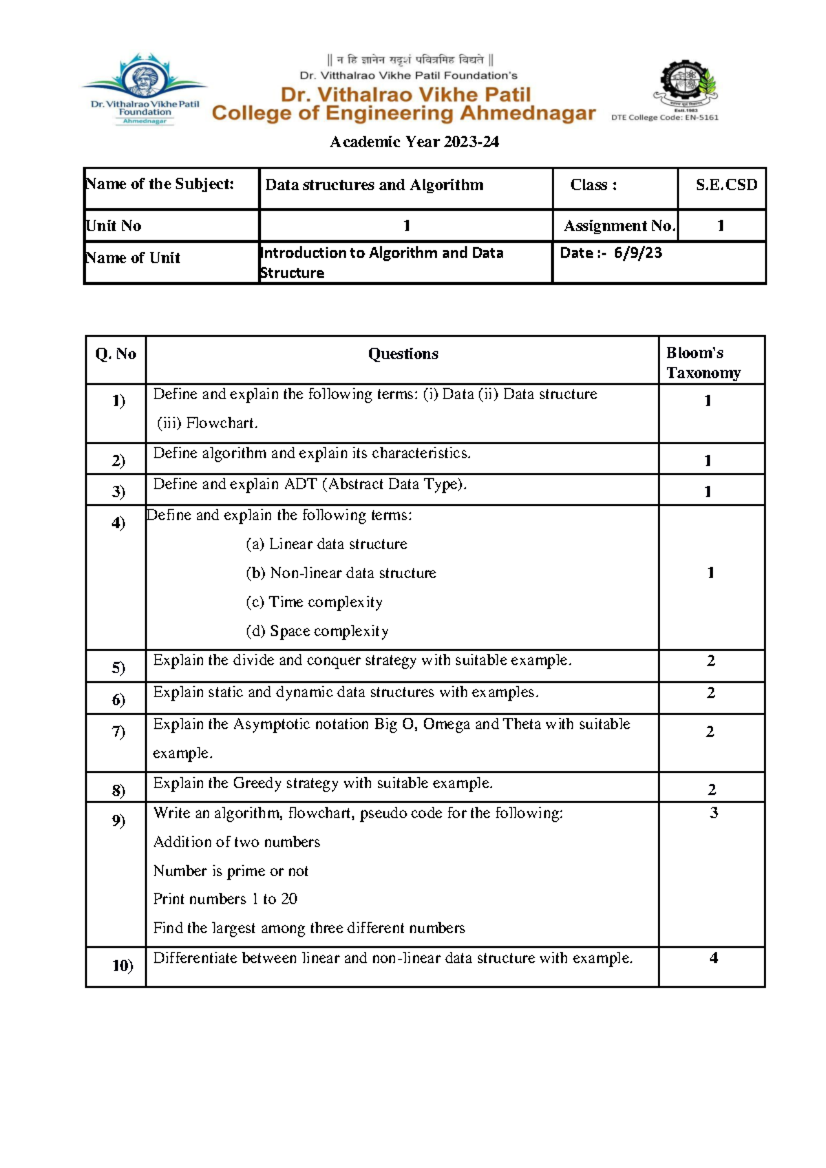 DSA assignment 1 - Academic Year 2023 - 24 Name of the Subject: Data structures and Algorithm ...